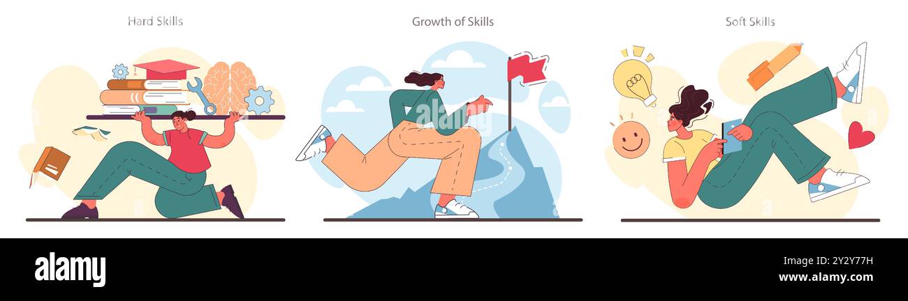 Skills development set. Professional competences hard and soft skills ...