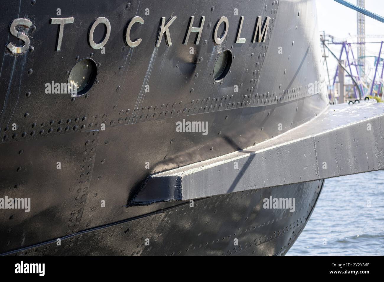 Close-up of the bow of a ship named 'Stockholm', showcasing its black ...
