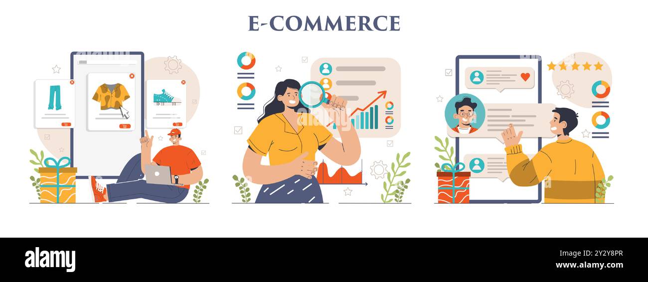 E-store and e-commerce set. Entrepreneur selling goods and gaining ...