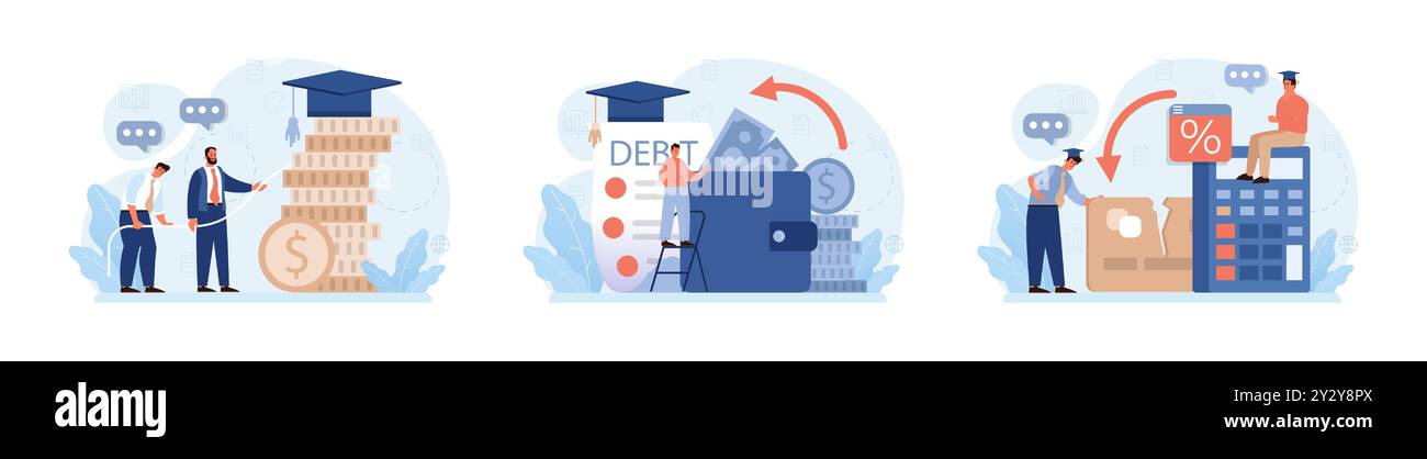 Student debt set. Young graduated character with a financial crisis ...