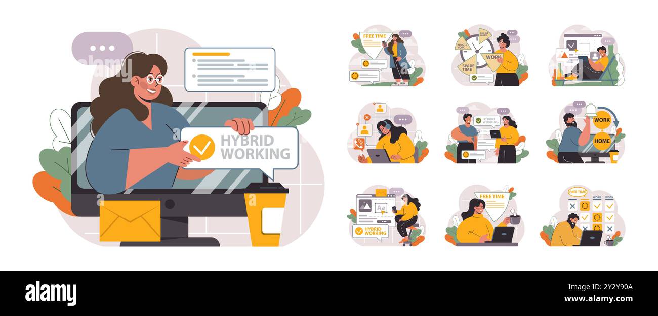 Hybrid work set. Characters with a flexible schedule, working from office and home. Telework and ...