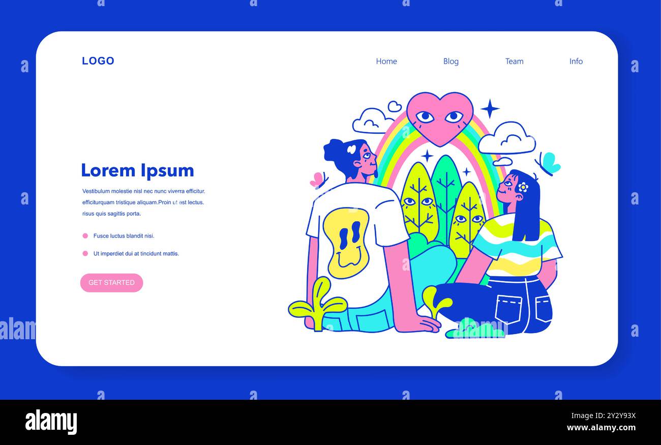 Psychedelic trip party web banner or landing page. Rave camp. Character ...