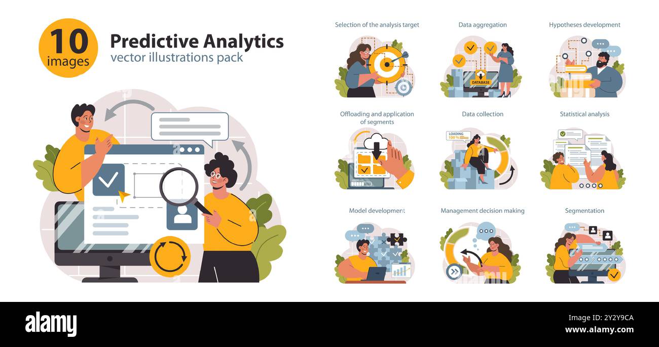 Predictive analytics set. Process of using data to forecast future outcome. Business ideas or ...