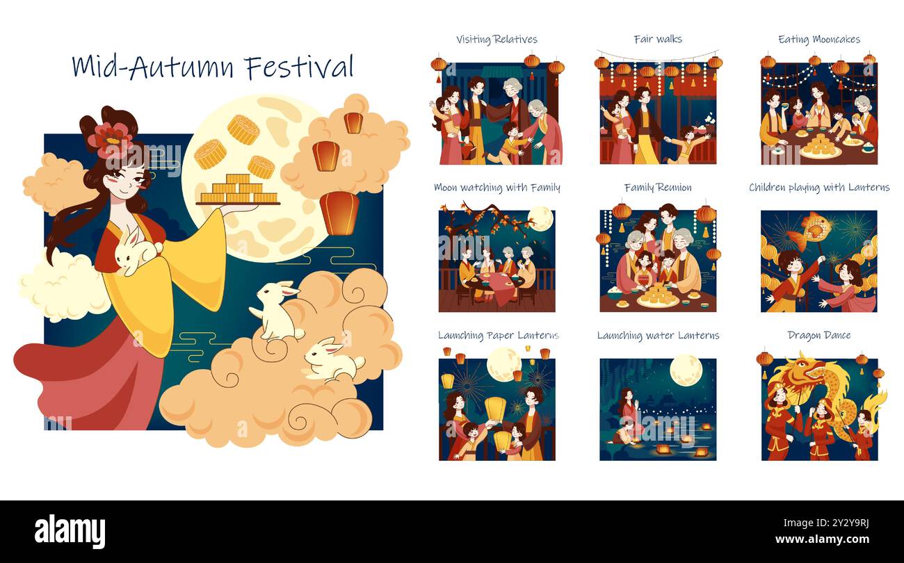 Traditional chinese fest set. Mid-Autumn festival, moon festival or mooncake festival. Happy ...