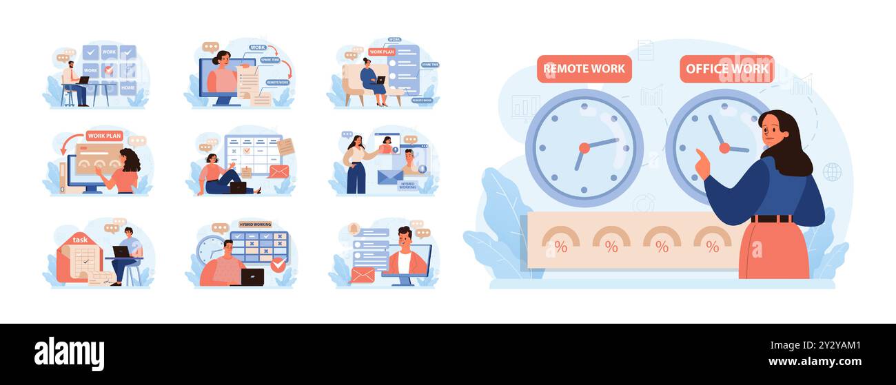 Hybrid work set. Characters with a flexible schedule, working from office and home. Telework and ...