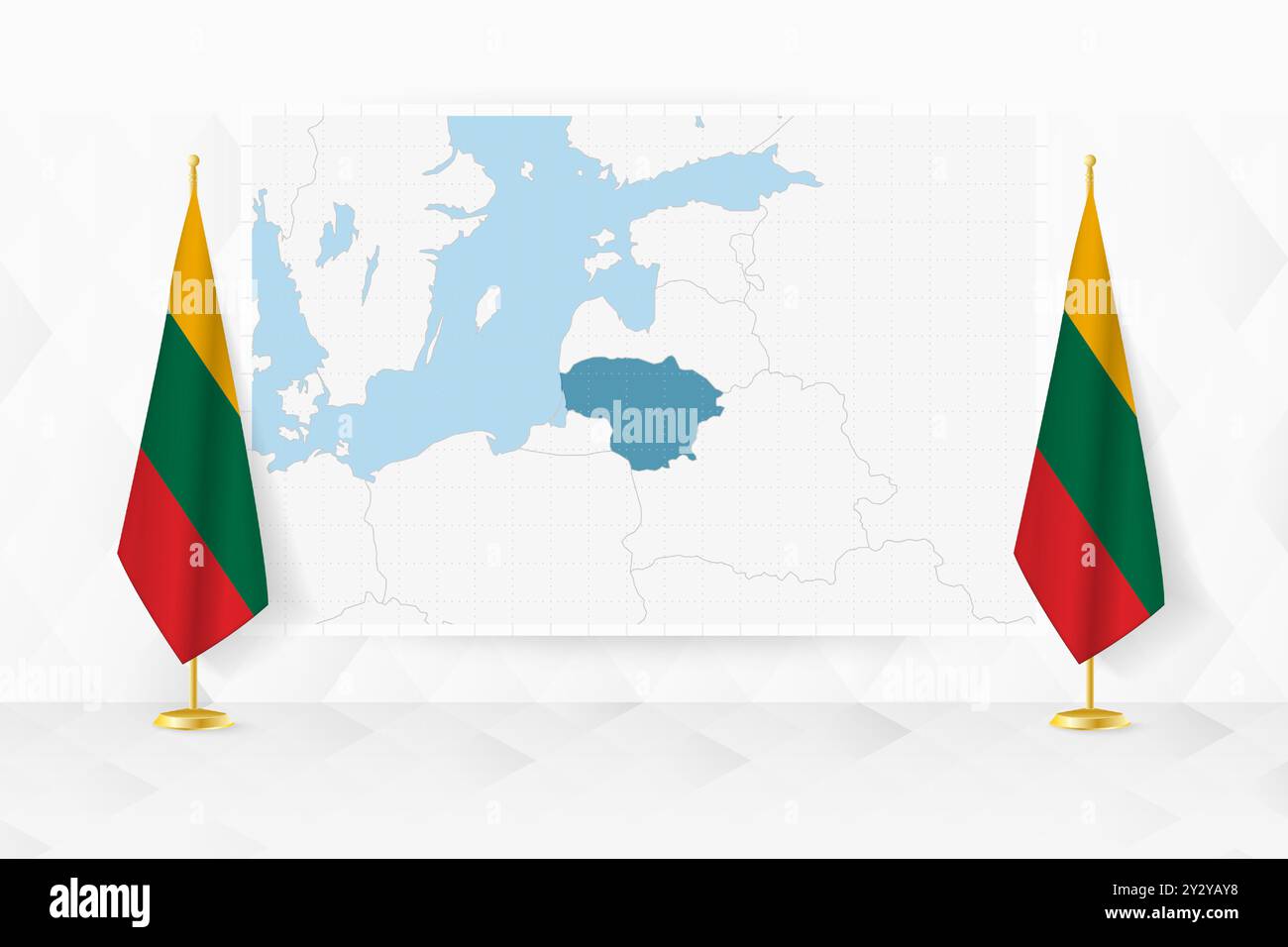 Map of Lithuania and flags of Lithuania on flag stand. Vector illustration for diplomacy meeting ...