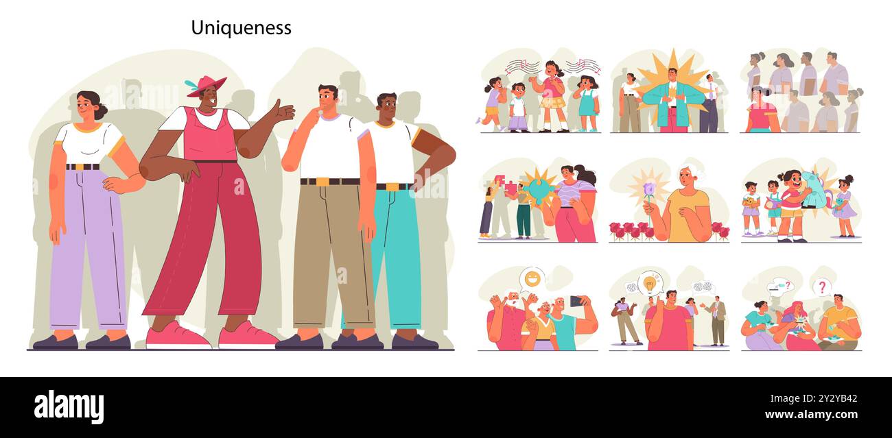 Uniqueness and individuality set. Character standing out from the crowd ...