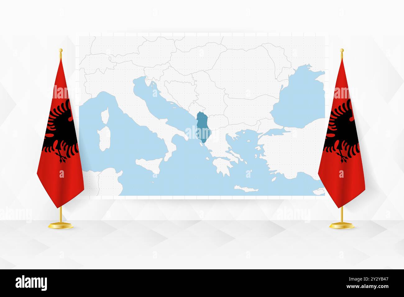 Map of Albania and flags of Albania on flag stand. Vector illustration for diplomacy meeting ...