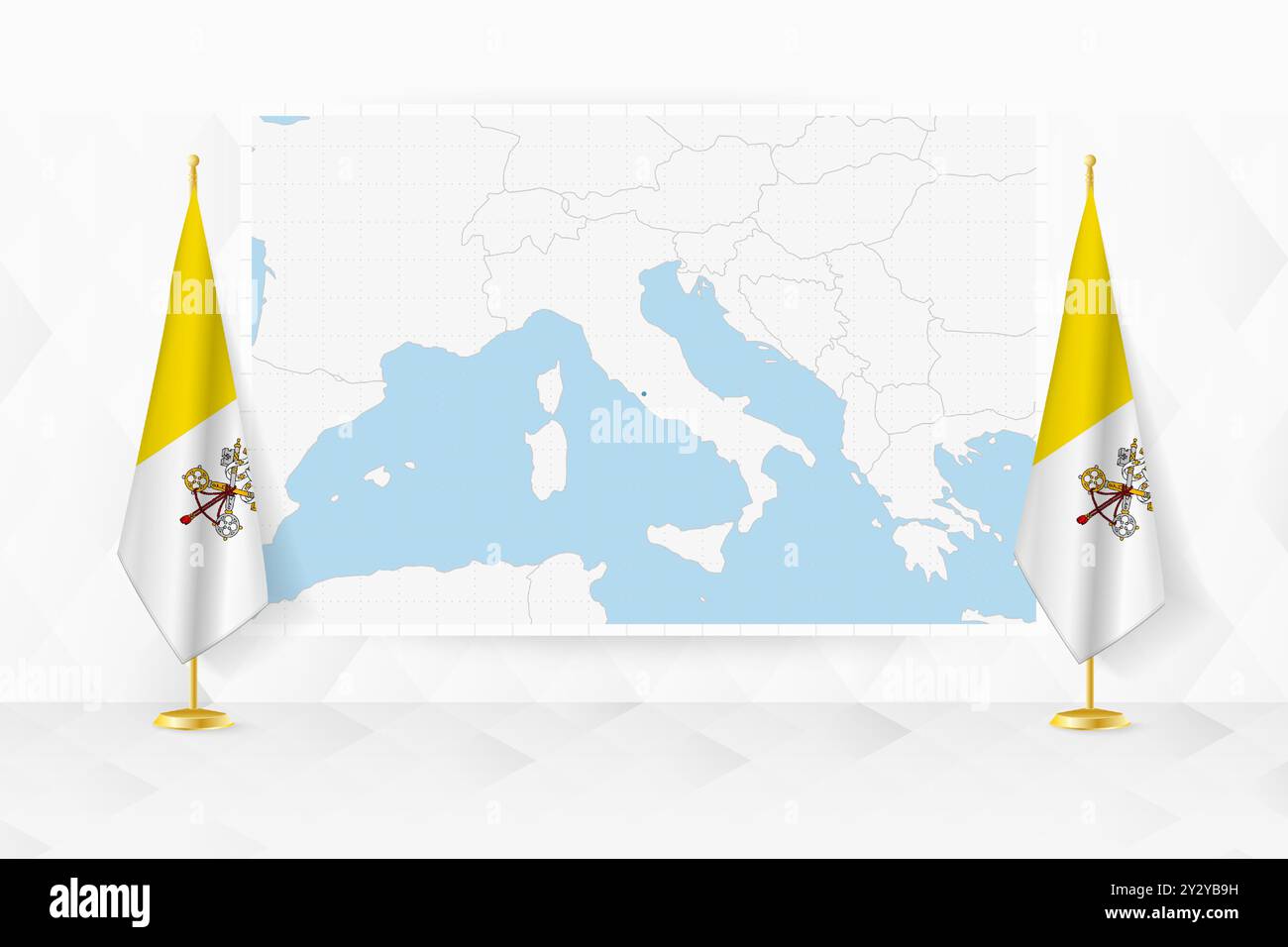 Map of Vatican City and flags of Vatican City on flag stand. Vector illustration for diplomacy ...