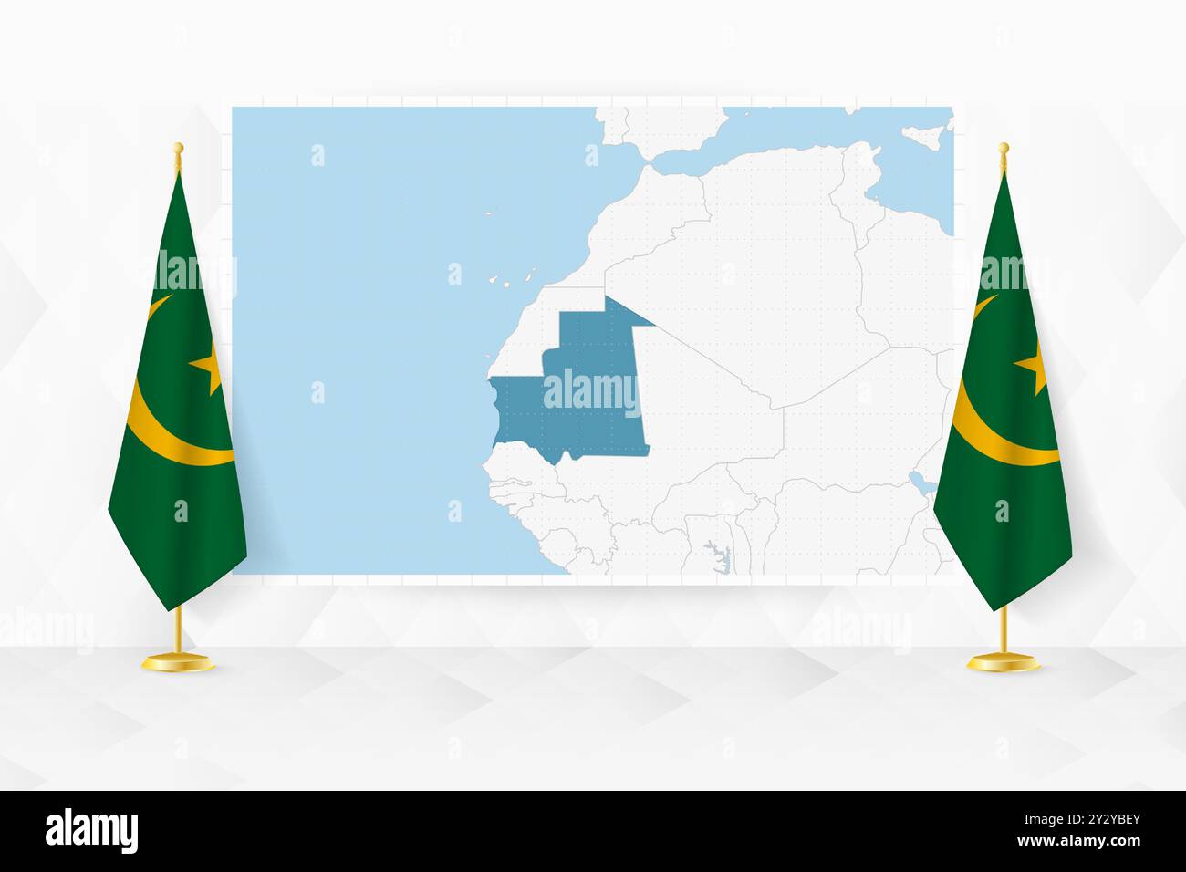 Map of Mauritania and flags of Mauritania on flag stand. Vector illustration for diplomacy ...