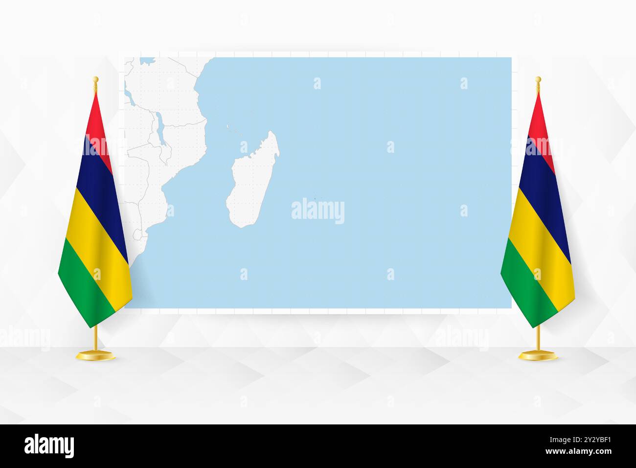 Map of Mauritius and flags of Mauritius on flag stand. Vector illustration for diplomacy meeting ...