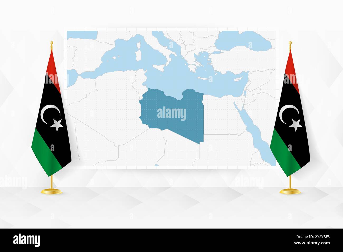 Map of Libya and flags of Libya on flag stand. Vector illustration for diplomacy meeting Stock ...