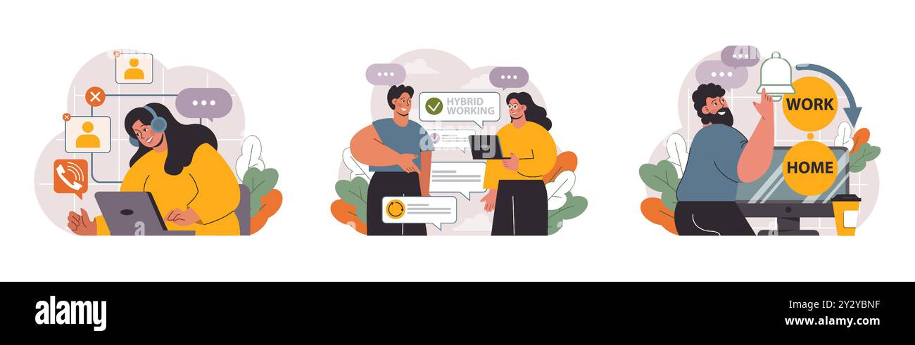 Hybrid work set. Characters with a flexible schedule, working from office and home. Telework and ...