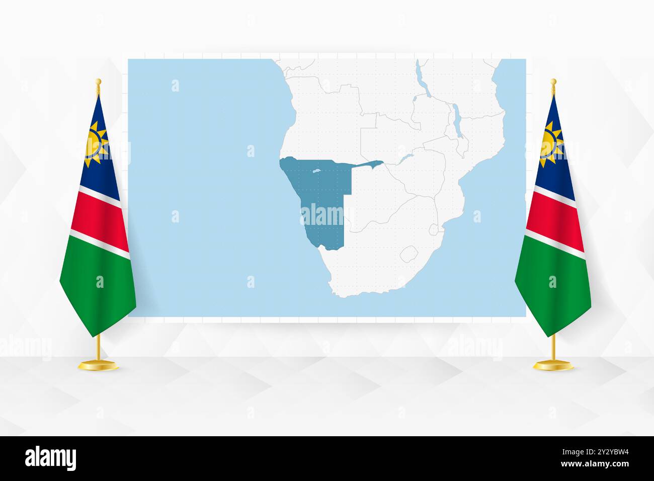Map of Namibia and flags of Namibia on flag stand. Vector illustration for diplomacy meeting ...