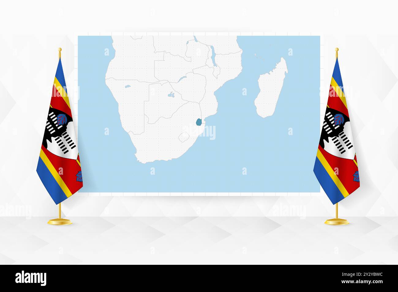 Map of Swaziland and flags of Swaziland on flag stand. Vector illustration for diplomacy meeting ...