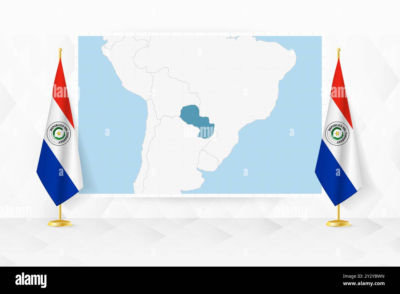 Map of Paraguay and flags of Paraguay on flag stand. Vector illustration for diplomacy meeting ...