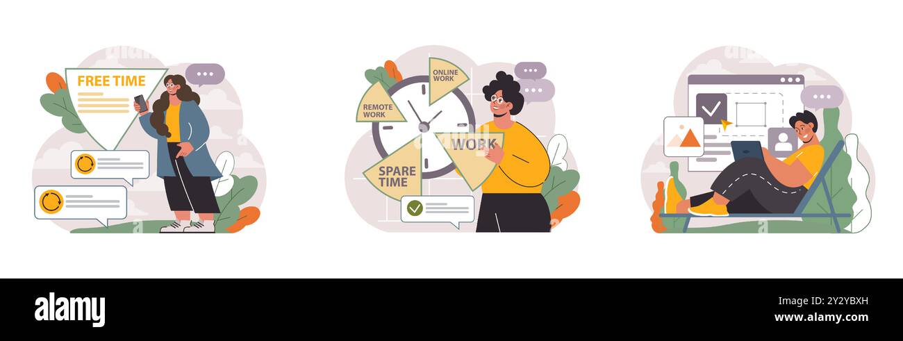 Hybrid work set. Characters with a flexible schedule, working from office and home. Telework and ...