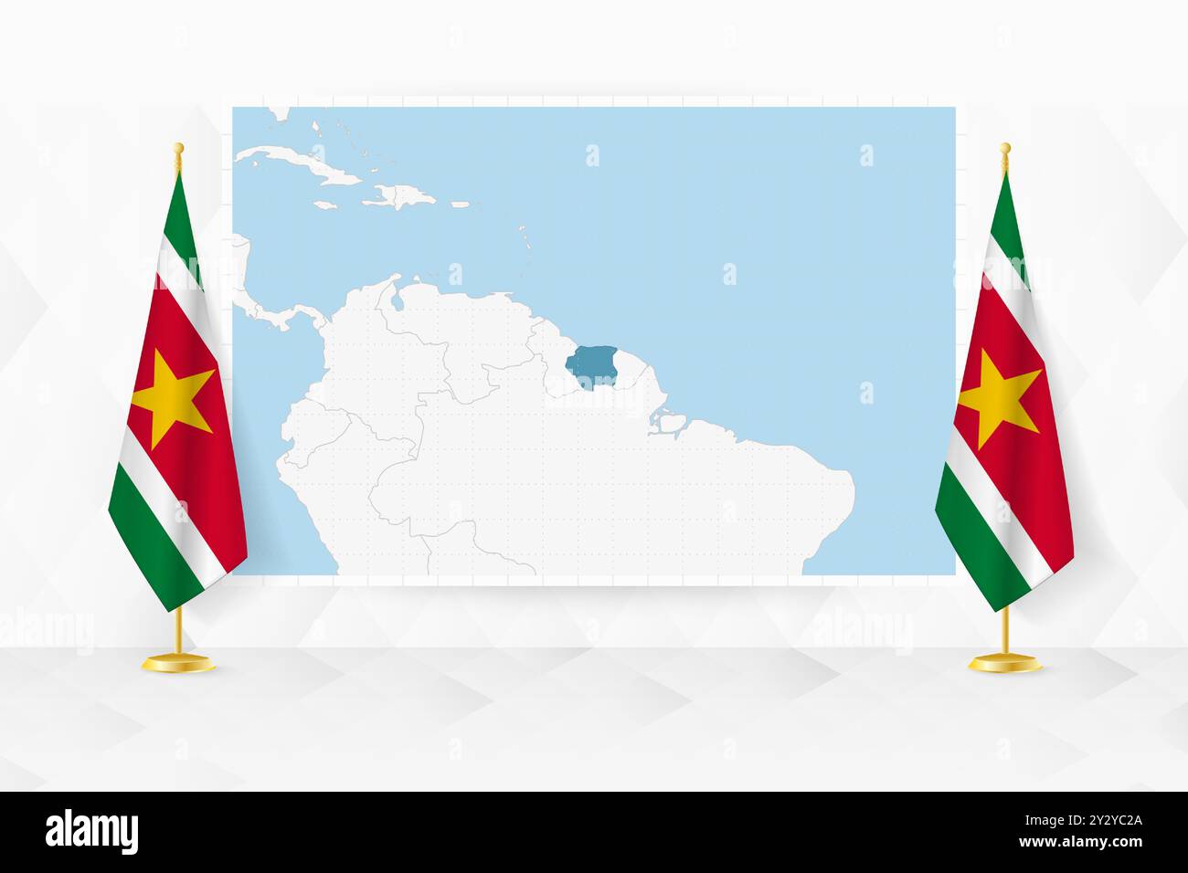 Map of Suriname and flags of Suriname on flag stand. Vector illustration for diplomacy meeting ...