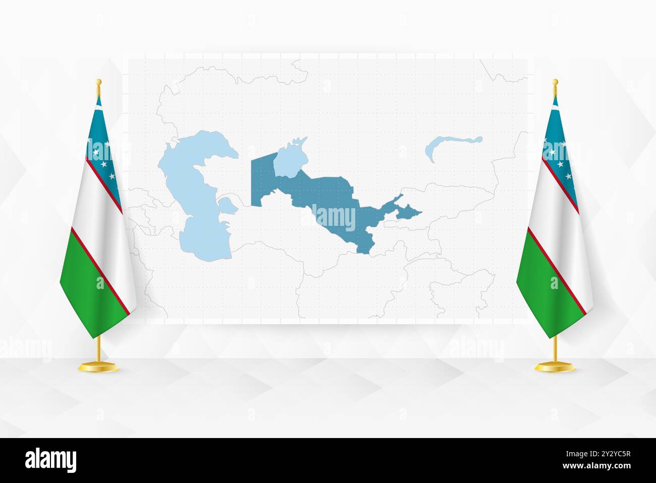 Map of Uzbekistan and flags of Uzbekistan on flag stand. Vector illustration for diplomacy ...