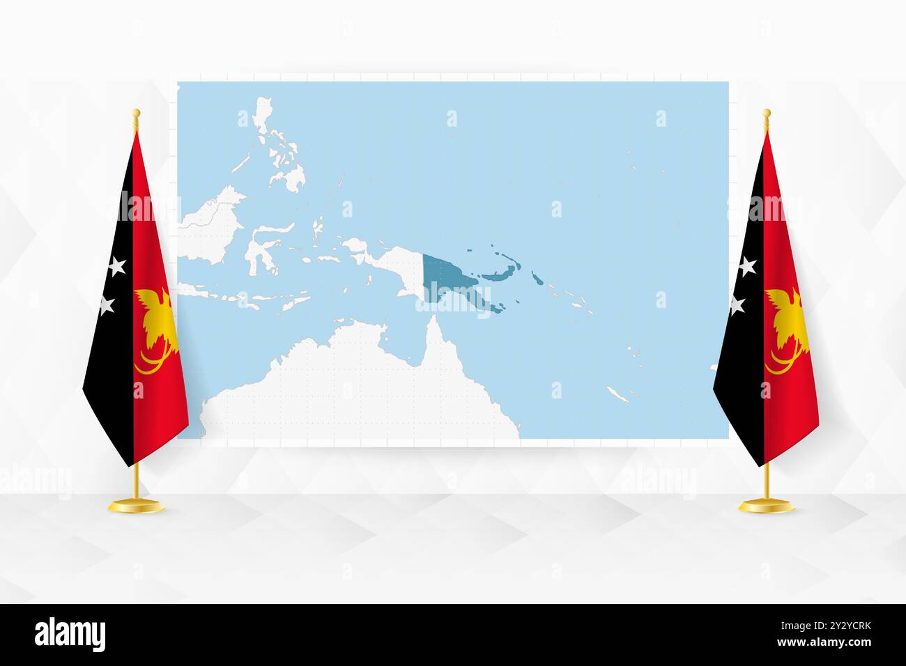Map of Papua New Guinea and flags of Papua New Guinea on flag stand ...