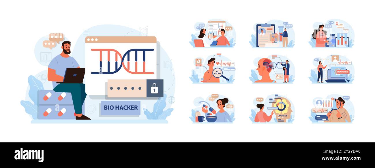 Biohacking set. Health' engineering and improving with modern ...