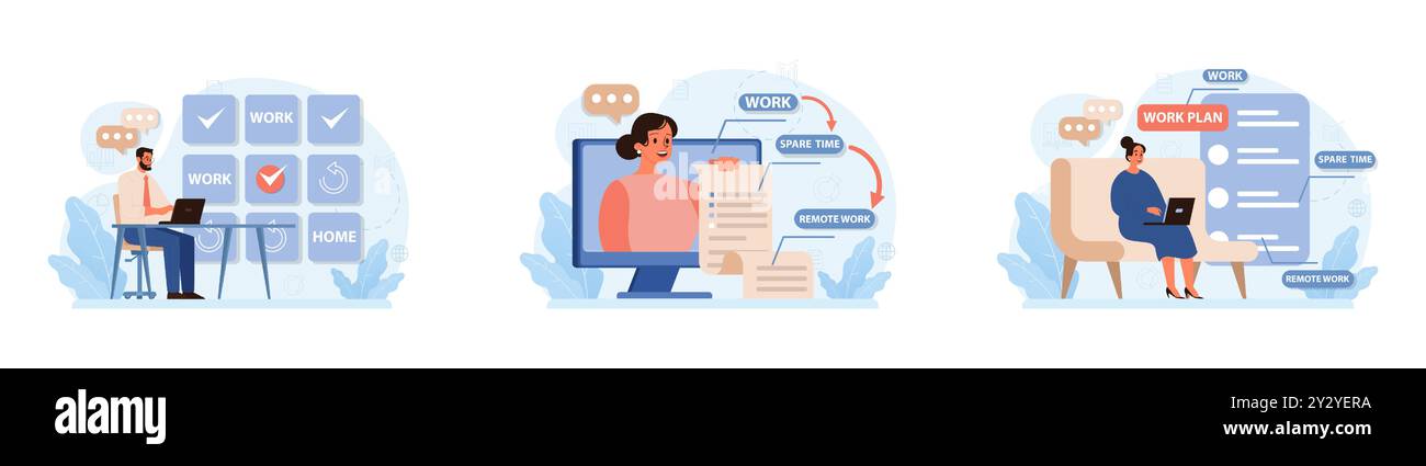 Hybrid work set. Characters with a flexible schedule, working from office and home. Telework and ...
