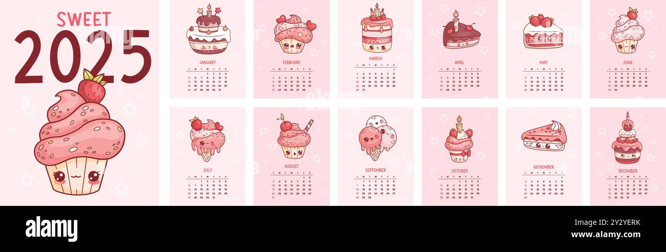 Cute sweet calendar 2025. Funny cartoon kawaii character desserts ...