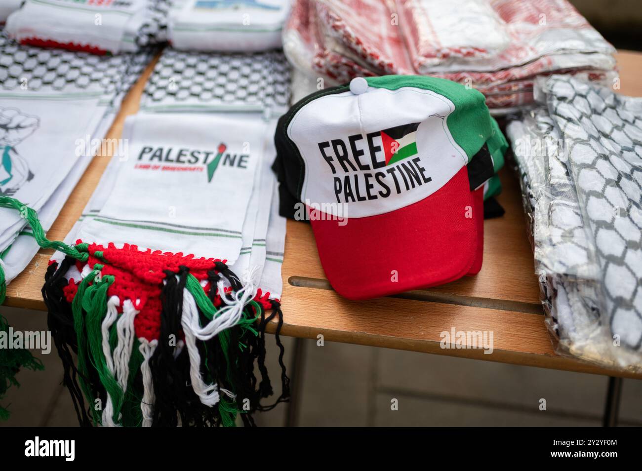 London, UK. 11th Sep, 2024. Pro-Palestine merchandise for sale seen ...
