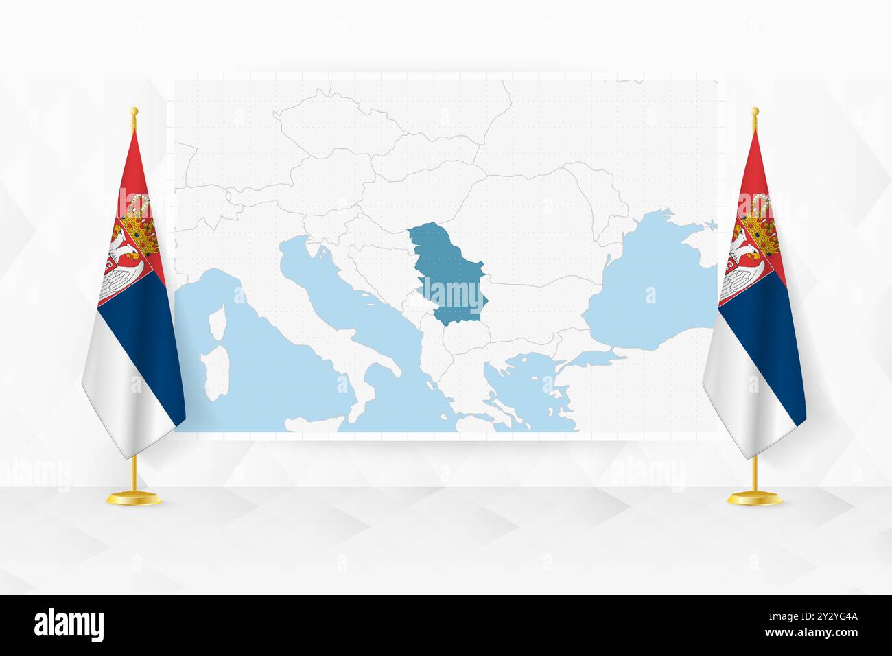 Map of Serbia and flags of Serbia on flag stand. Vector illustration ...