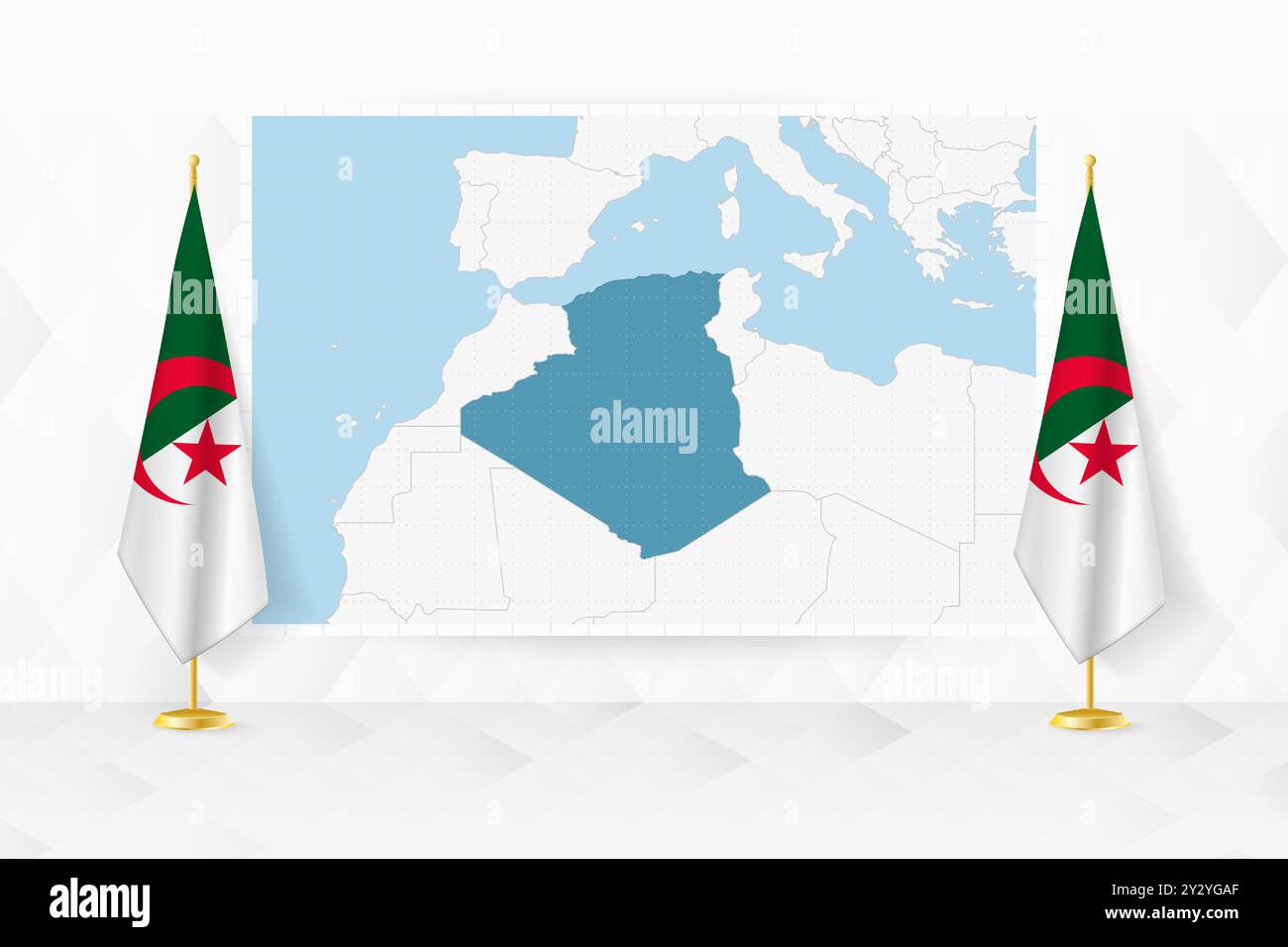 Map of Algeria and flags of Algeria on flag stand. Vector illustration for diplomacy meeting ...