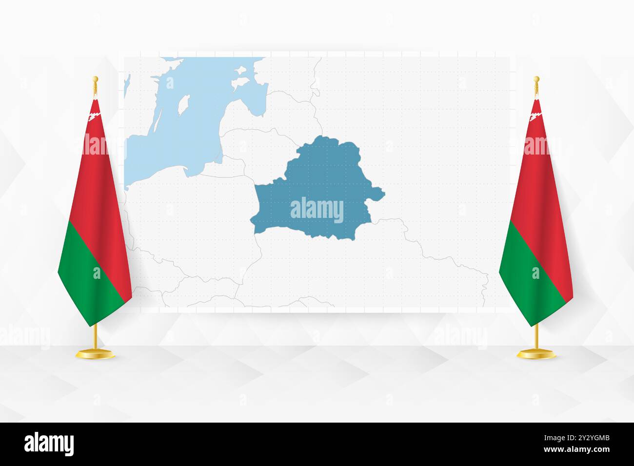 Map of Belarus and flags of Belarus on flag stand. Vector illustration for diplomacy meeting ...