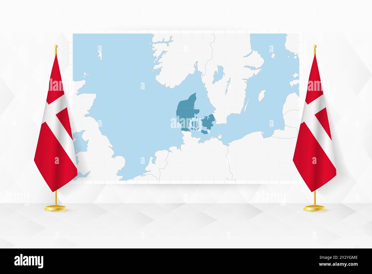 Map of Denmark and flags of Denmark on flag stand. Vector illustration for diplomacy meeting ...