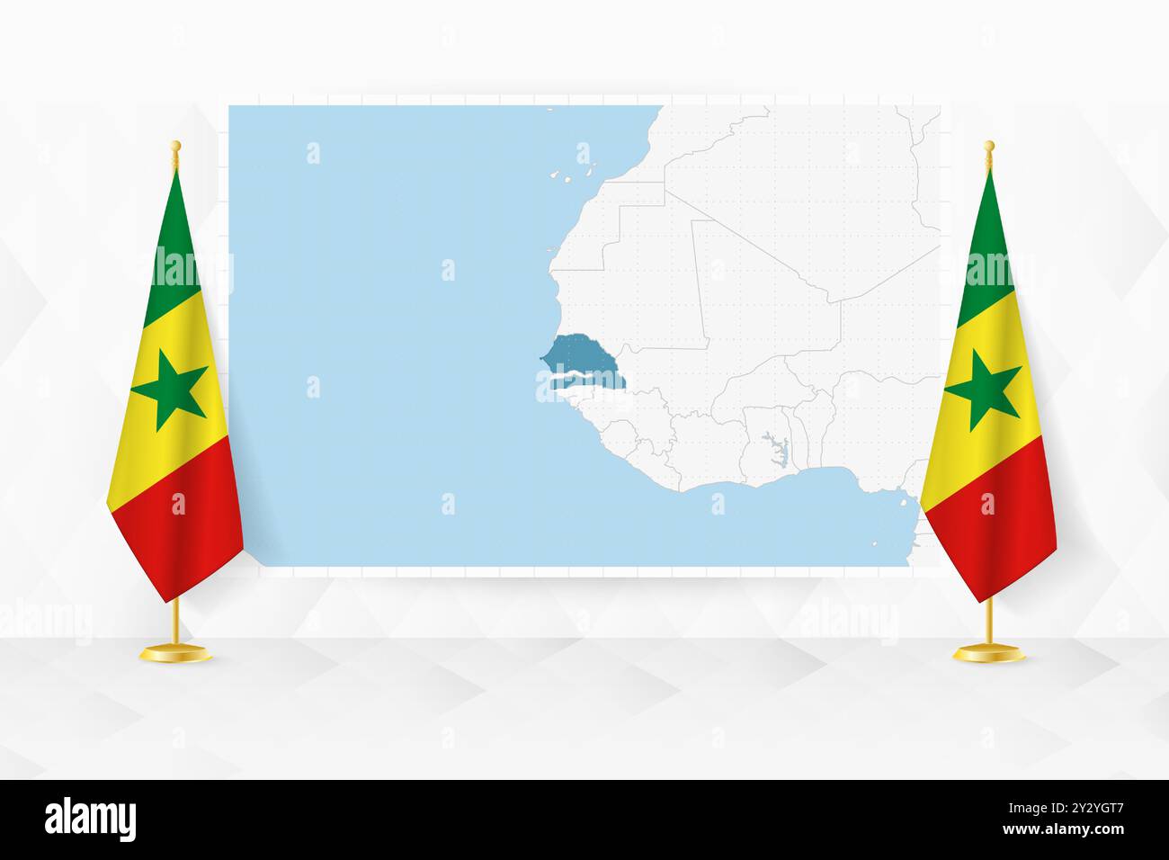 Map of Senegal and flags of Senegal on flag stand. Vector illustration for diplomacy meeting ...