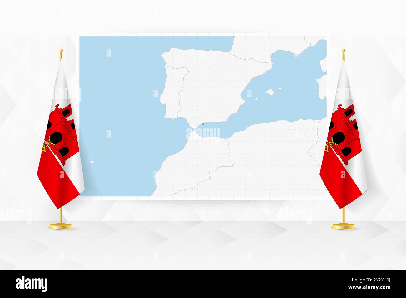 Map of Gibraltar and flags of Gibraltar on flag stand. Vector illustration for diplomacy meeting ...