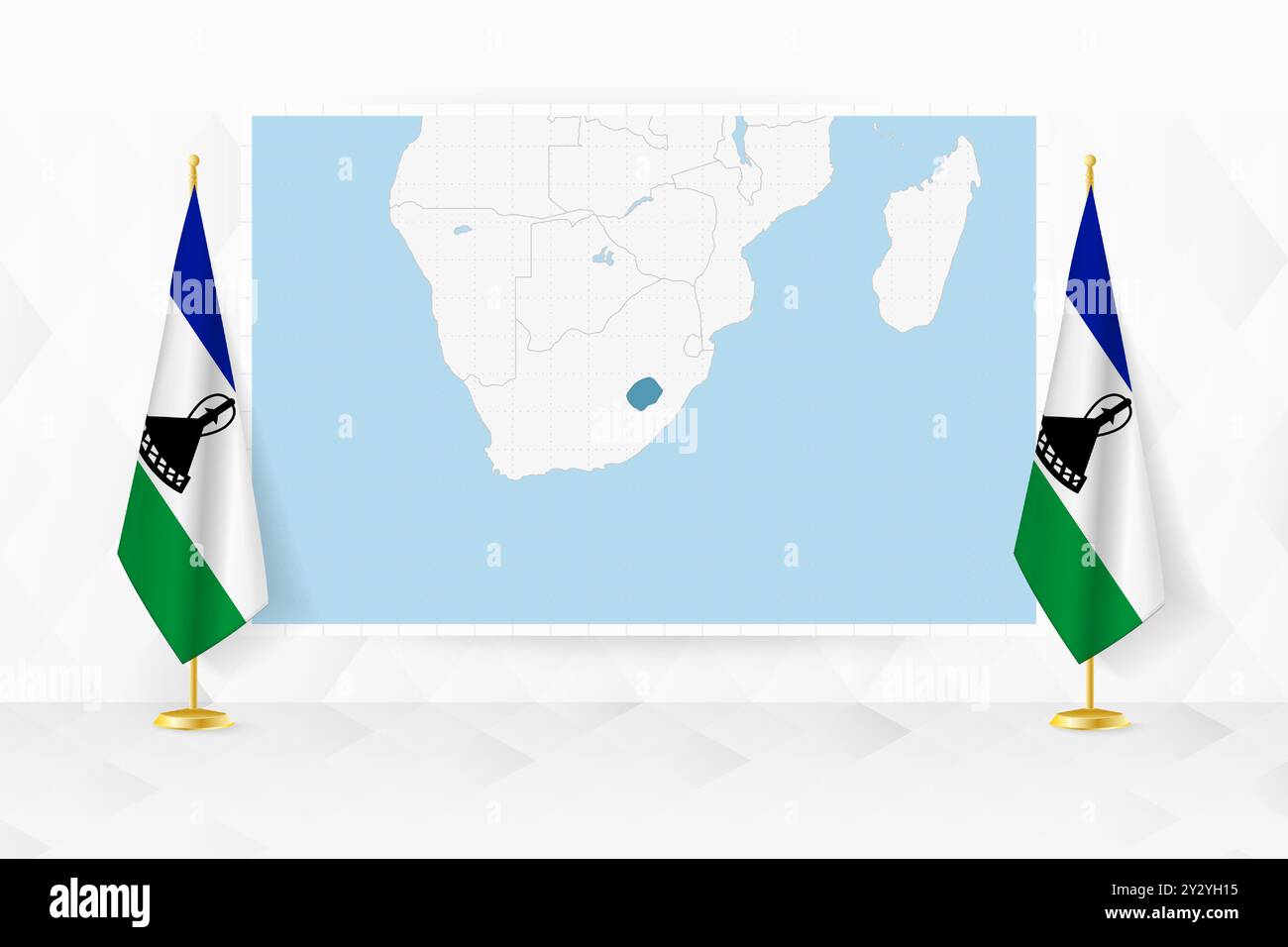 Map of Lesotho and flags of Lesotho on flag stand. Vector illustration ...