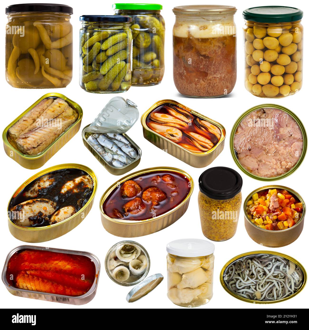 Collage of canned products on white background Stock Photo - Alamy