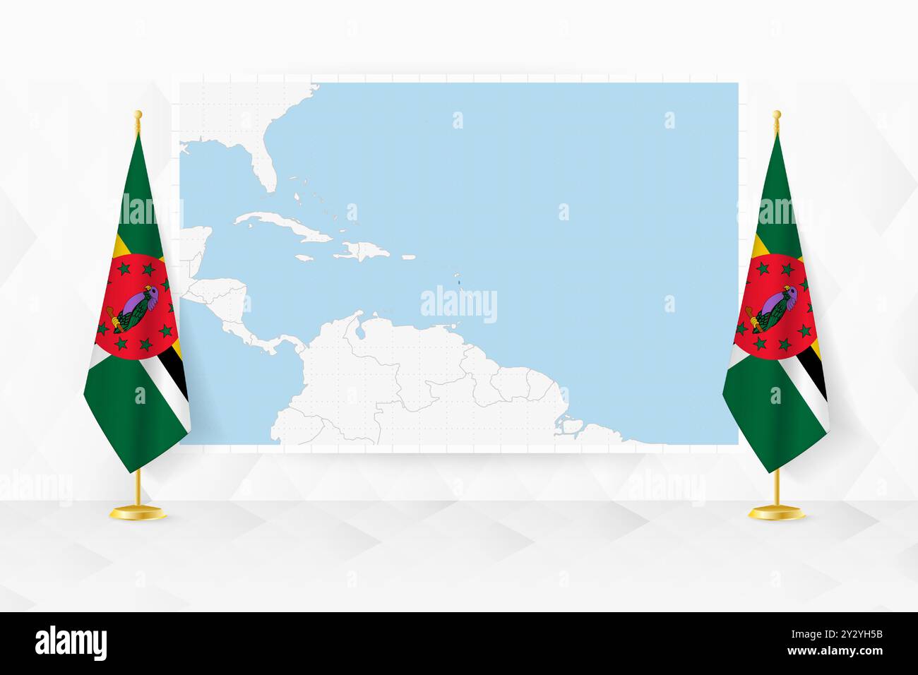 Map of Dominica and flags of Dominica on flag stand. Vector illustration for diplomacy meeting ...