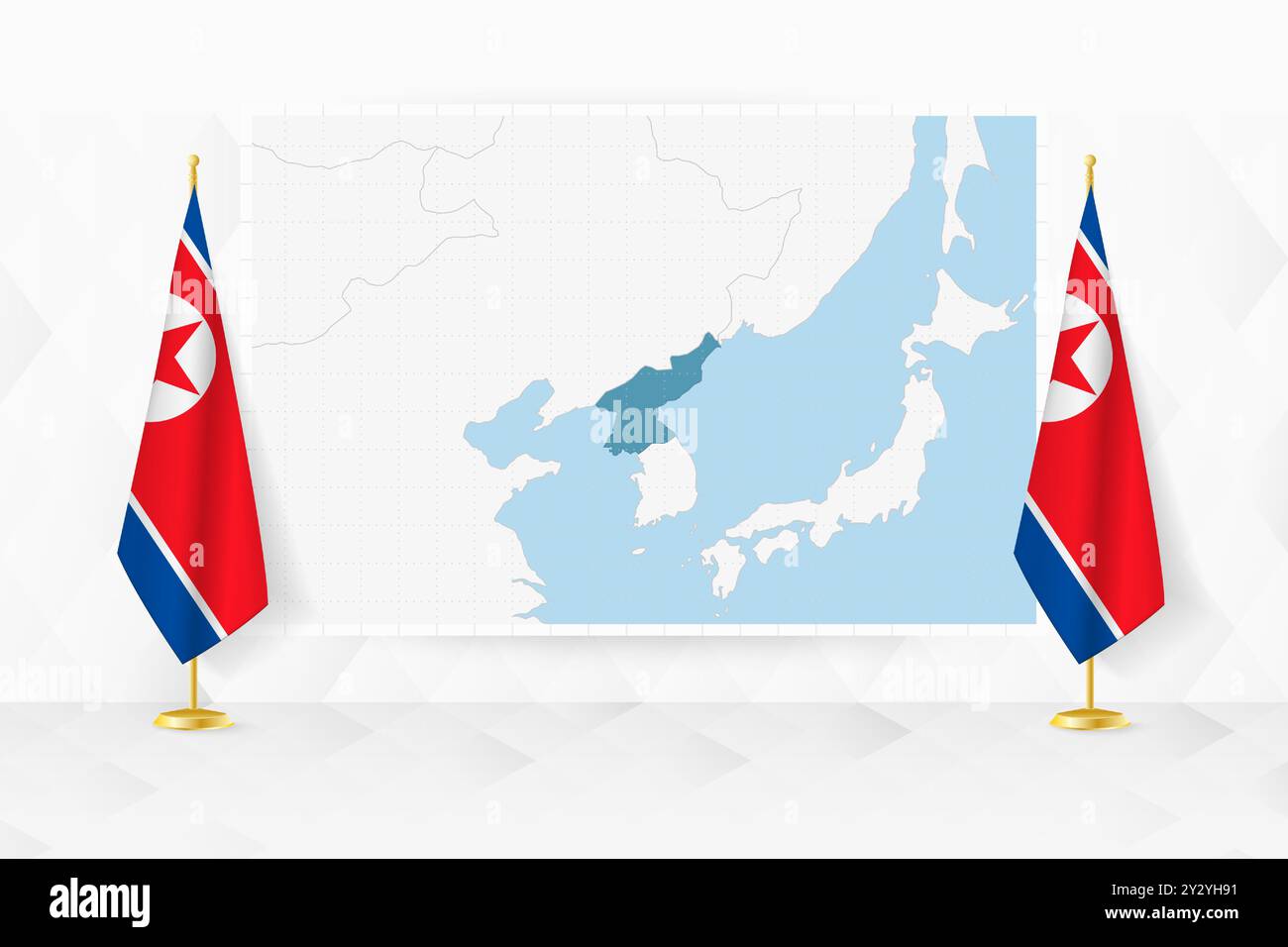 Map of North Korea and flags of North Korea on flag stand. Vector ...