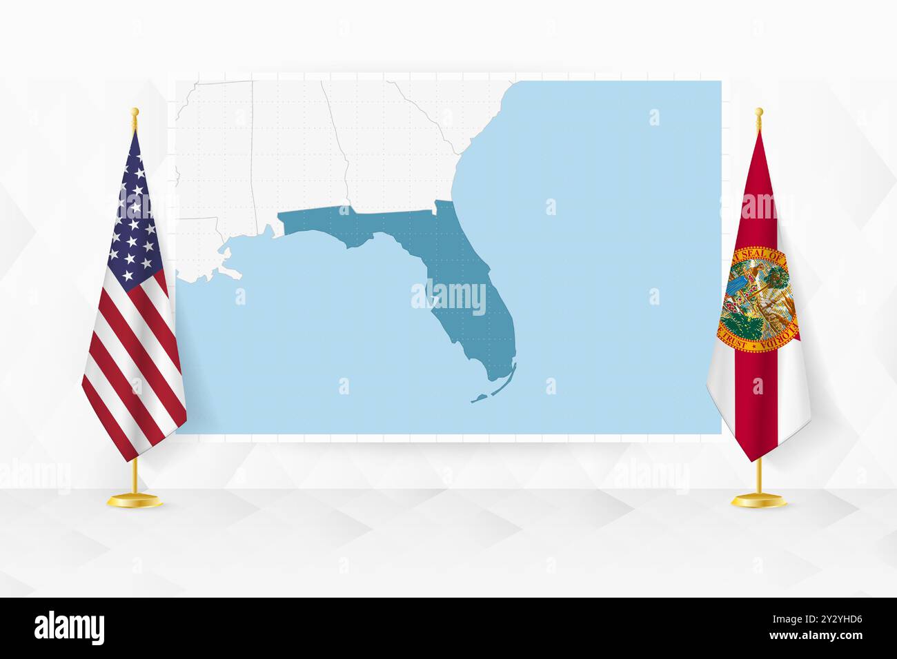 Map of Florida and flags of Florida on flag stand. Vector illustration for diplomacy meeting ...