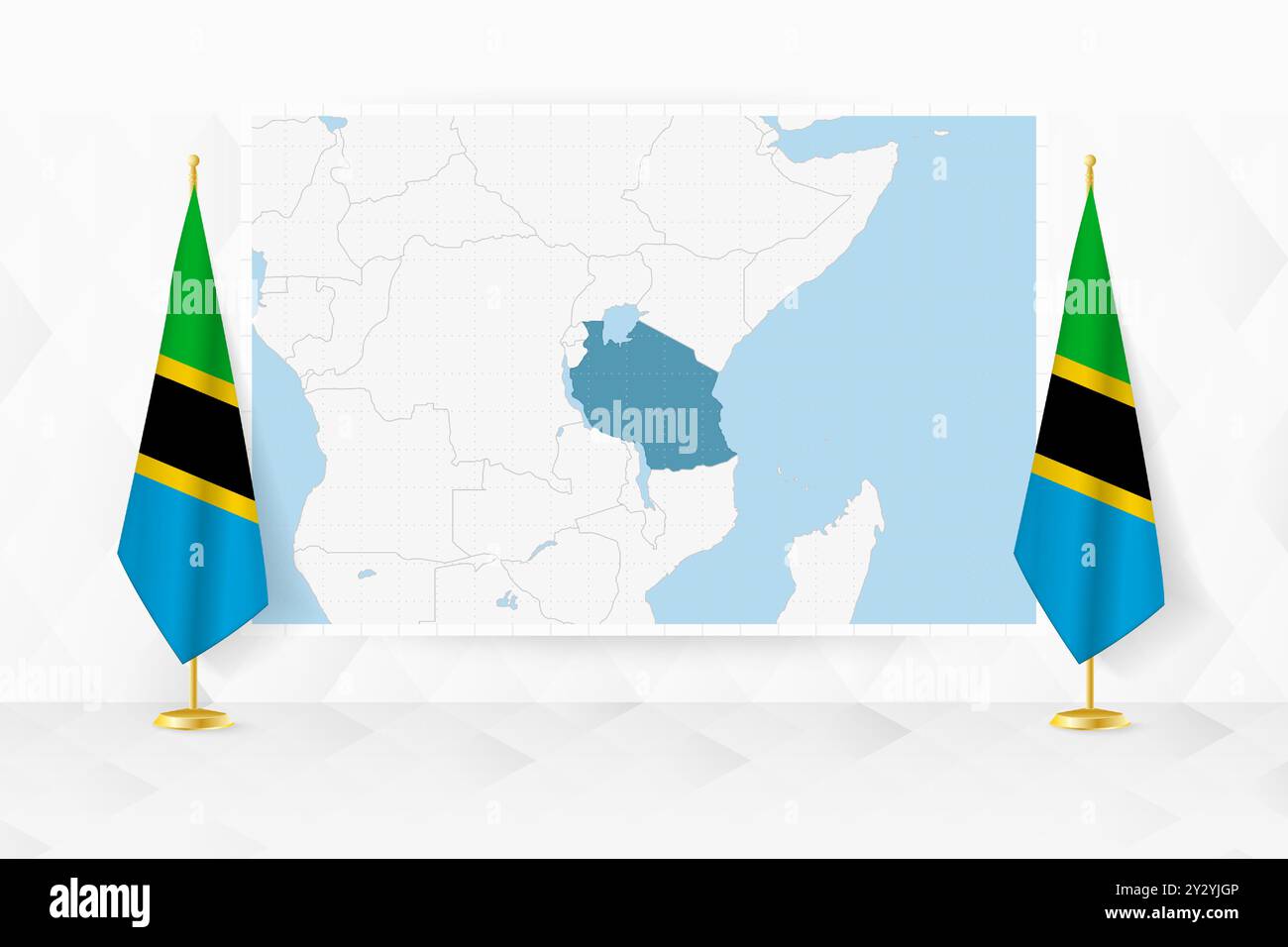 Map of Tanzania and flags of Tanzania on flag stand. Vector illustration for diplomacy meeting ...