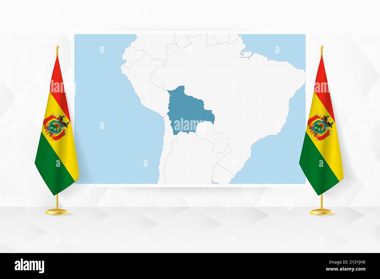 Map of Bolivia and flags of Bolivia on flag stand. Vector illustration for diplomacy meeting ...