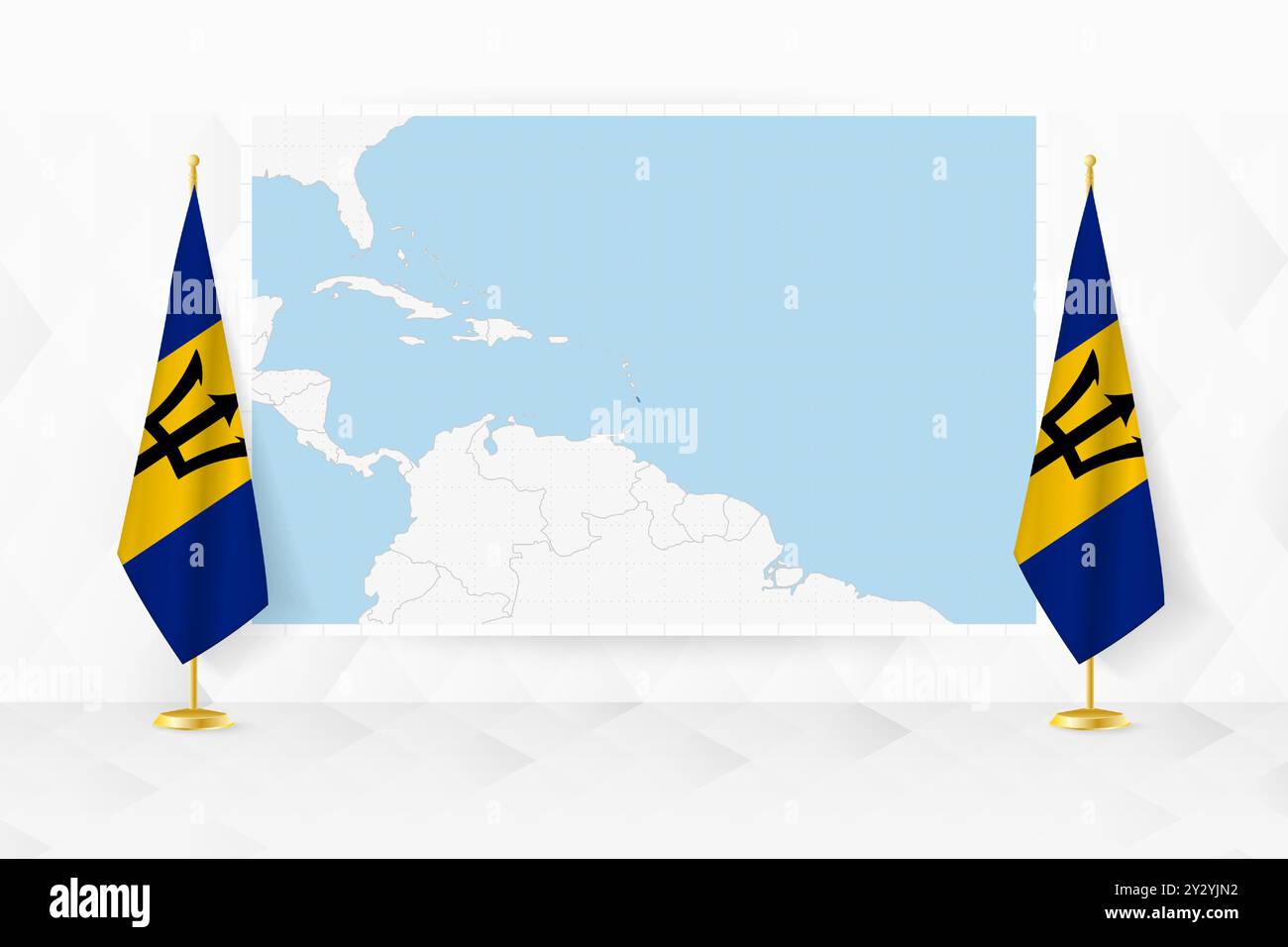 Map of Barbados and flags of Barbados on flag stand. Vector illustration for diplomacy meeting ...