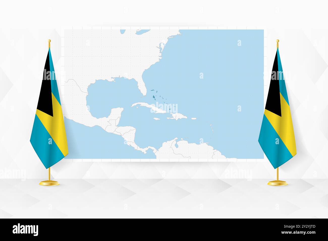 Map of The Bahamas and flags of The Bahamas on flag stand. Vector illustration for diplomacy ...