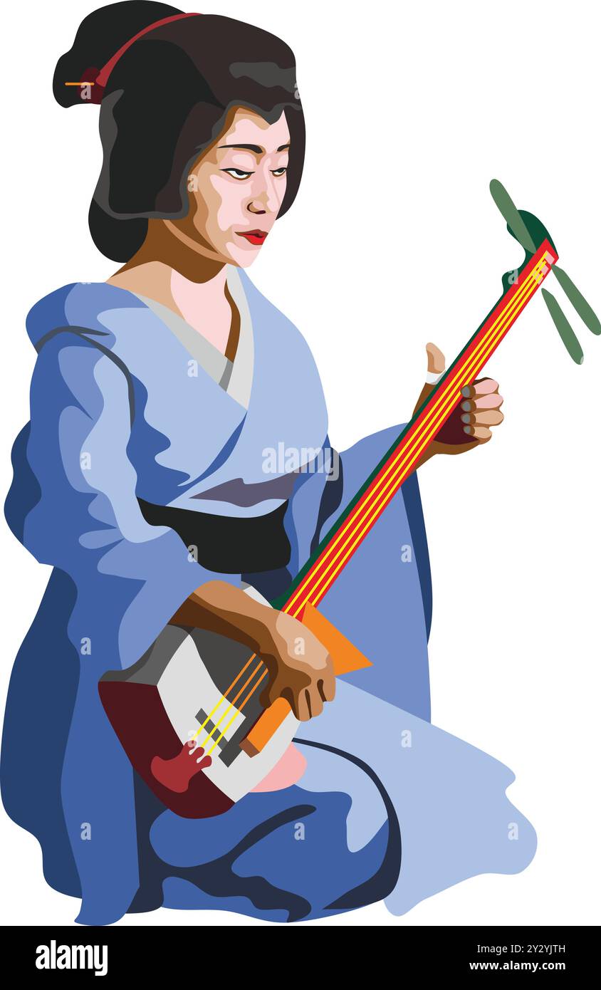 Woman Playing Japanese Traditional Guitar Music Stock Vector Image ...