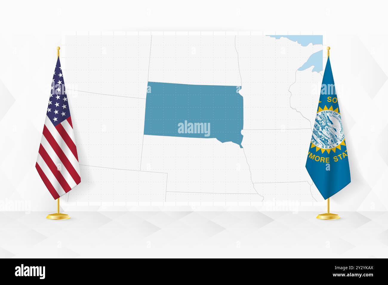 Map of South Dakota and flags of South Dakota on flag stand. Vector ...