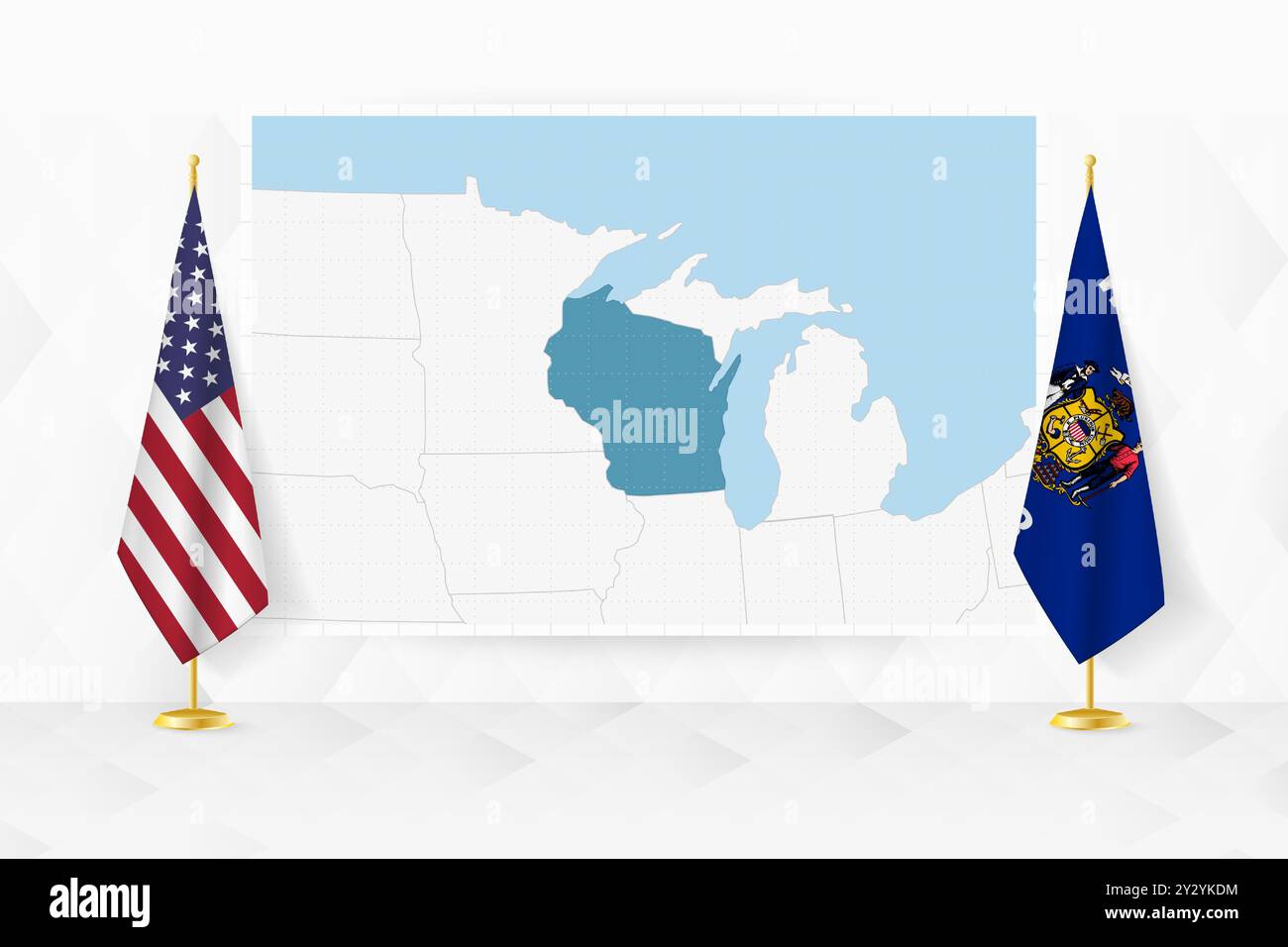 Map of Wisconsin and flags of Wisconsin on flag stand. Vector ...
