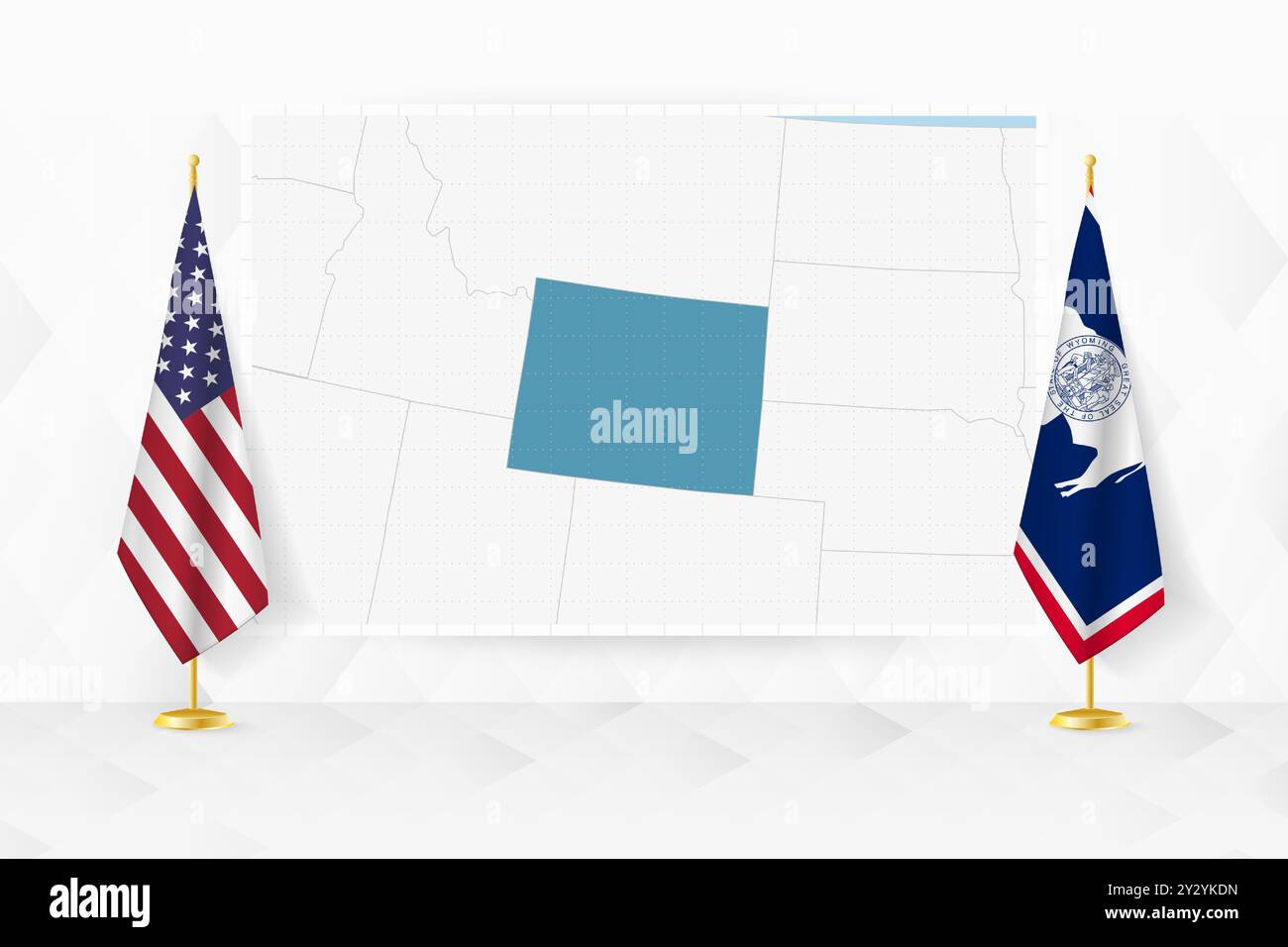 Map of Wyoming and flags of Wyoming on flag stand. Vector illustration ...