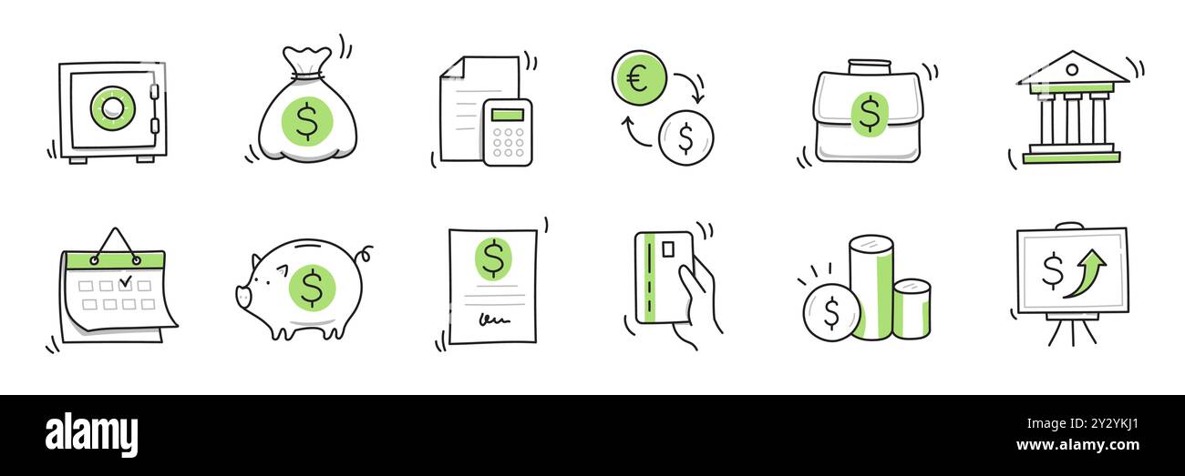 Money finance doodle hand drawn icon set. Finance business, money, bank ...