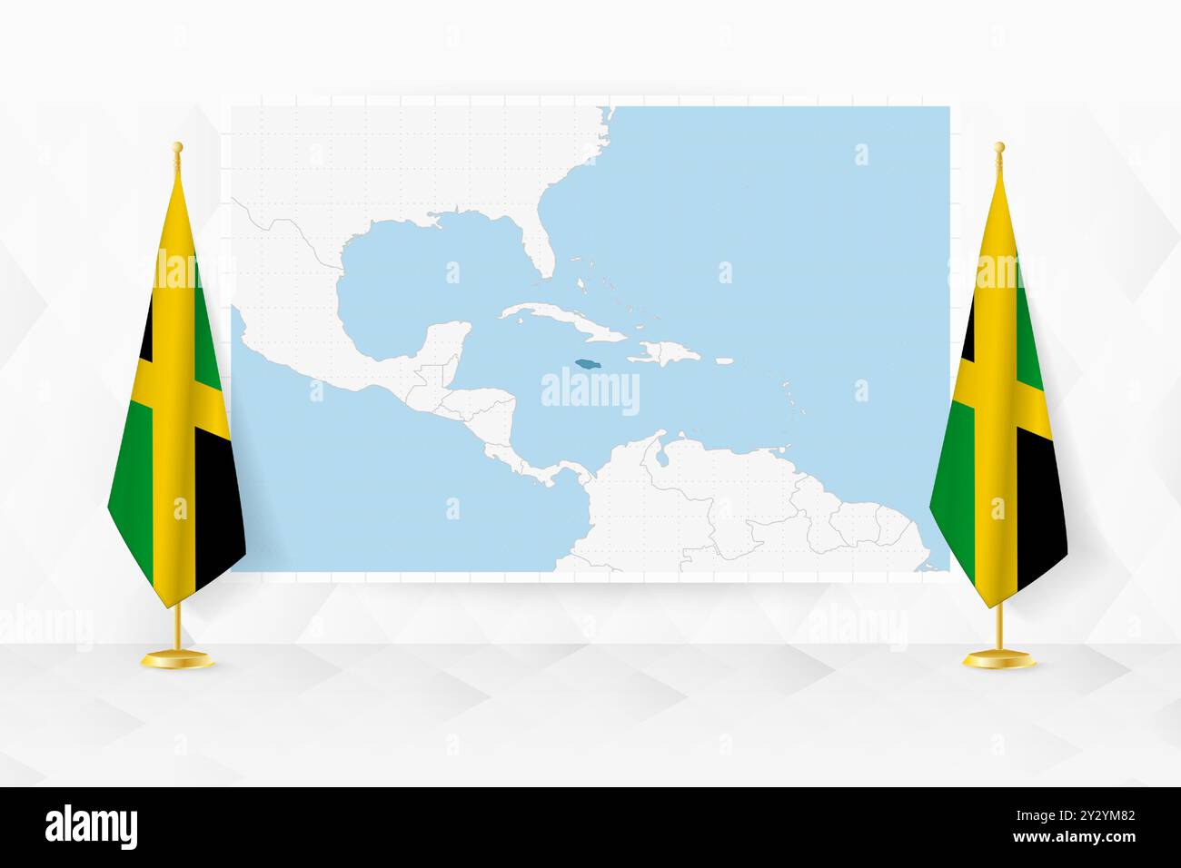 Map of Jamaica and flags of Jamaica on flag stand. Vector illustration for diplomacy meeting ...