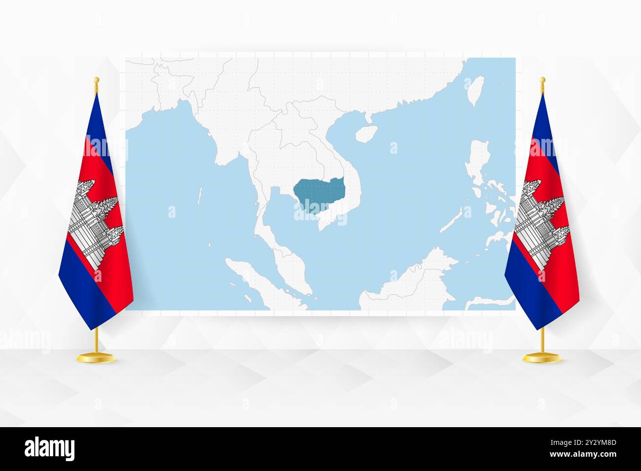Map of Cambodia and flags of Cambodia on flag stand. Vector illustration for diplomacy meeting ...